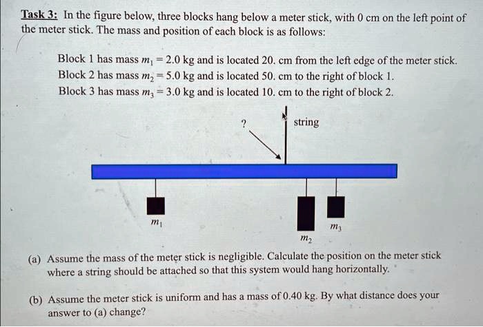 SOLVED: Task 3: In the figure below, three blocks hang below a meter stick,with O cm on the left ...