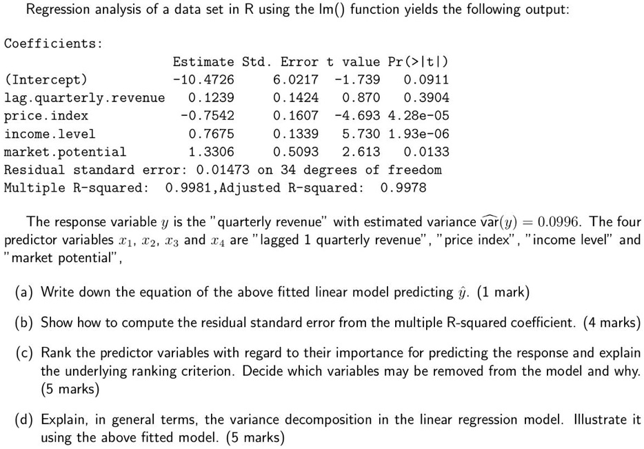 Solved Regression Analysis Of A Data Set In R Using The Imo Function Yields The Following