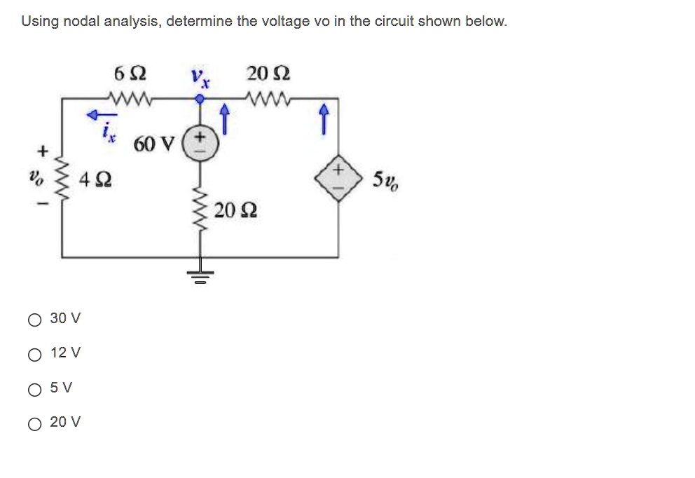 Using nodal analysis, determine the voltage vo in the circuit shown below. 6? 20 ? vx ? + + 60 V ...