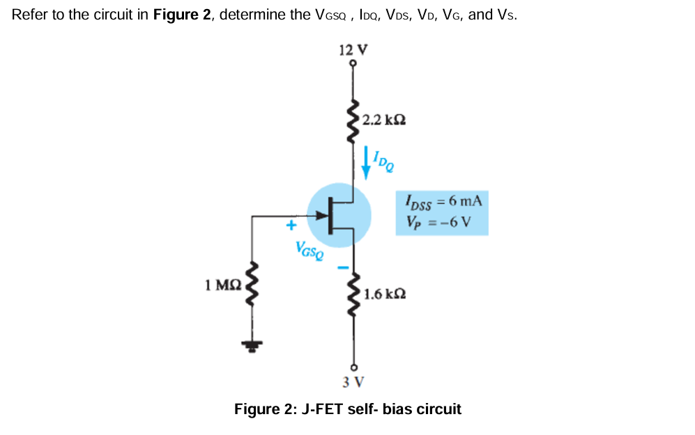 Refer to the circuit in Figure 2, determine the VGsQ, IdQ, Vds, Vd, VG ...