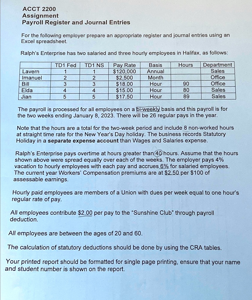 SOLVED: ACCT 2200 Assignment Payroll Register and Journal Entries For ...
