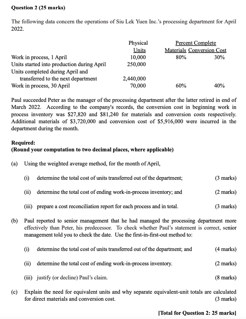 SOLVED: Question 2 (25 marks) The following data concern the operations of Siu Lek Yuen Inc.'s ...