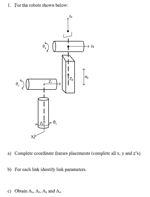 SOLVED: 1.For the robots shown below a) Complete coordinate frames placements (complete all x,y ...