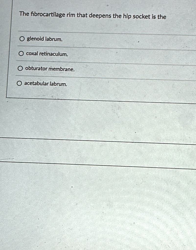 The fibrocartilage rim that deepens the hip socket is the Oglenoid ...