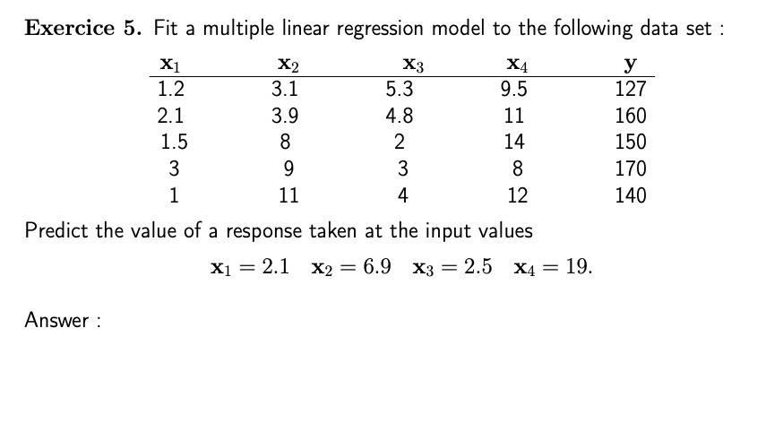 SOLVED: Exercice 5. Fit multiple linear regression model to the ... SOLVED: Exercice 5. Fit multiple linear regression model to the ...