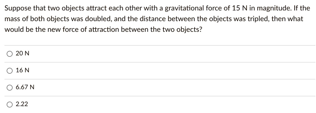 SOLVED: Suppose that two objects attract each other with a gravitational force of 15 N in ...
