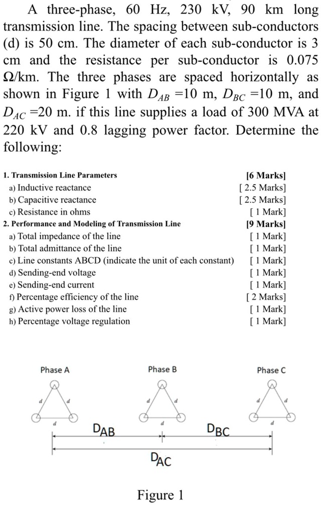 SOLVED: A three-phase, 60 Hz, 230 kV, 90 km long transmission line. The spacing between sub ...