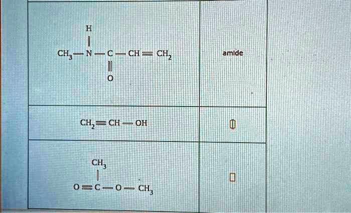 SOLVED: H | CH3-N-C-CH=CH2, O CH2=CH — OH CH3 O=C―O- CH2 amide name the ...