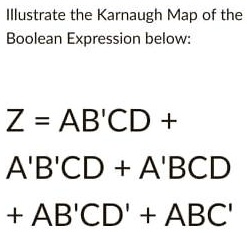 SOLVED: Illustrate the Karnaugh Map of the Boolean Expression below: Z ...