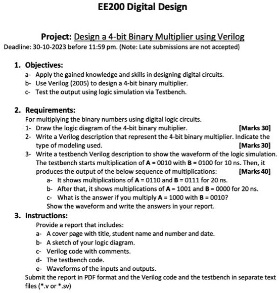 Solved Texts Ee200 Digital Design Project Design A 4 Bit Binary Multiplier Using Verilog