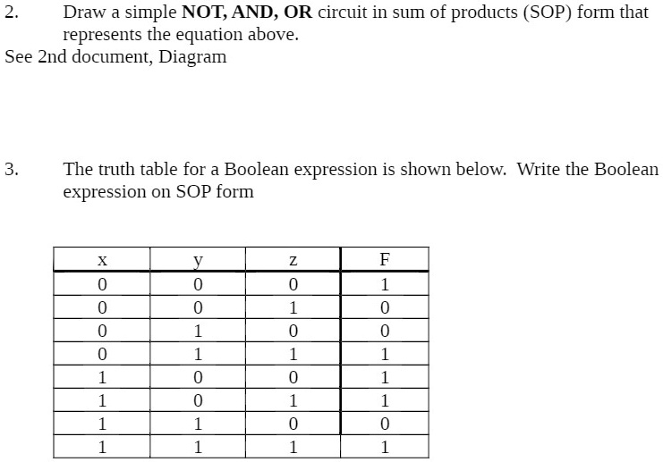 2. Draw a simple NOT, AND, OR circuit in sum of products (SOP) form that represents the equation ...