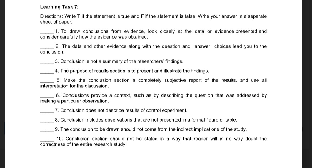 Learning Task 7: Directions: Write 𝐓 if the statement is true and 𝐅 if the statement is false ...