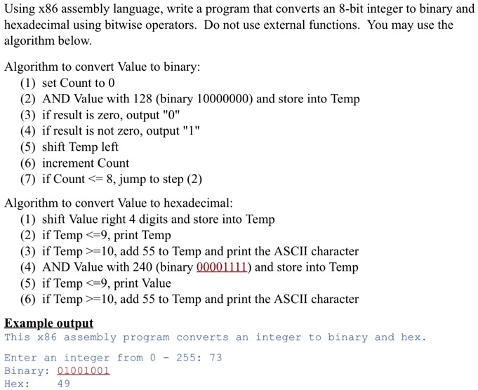 Solved Using X86 Assembly Language Write A Program That Converts An 8 Bit Integer To Binary