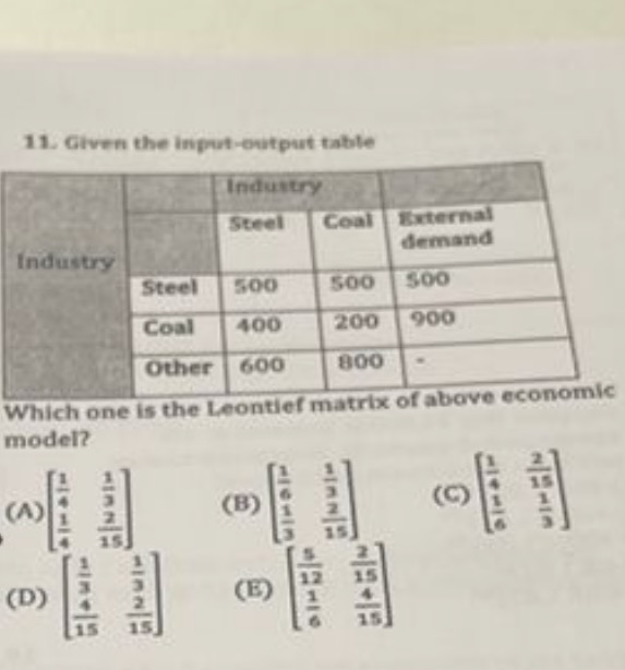 Solved 11 Given The Input Output Table Which One Is The Leontief Matrix Of Above Economic 