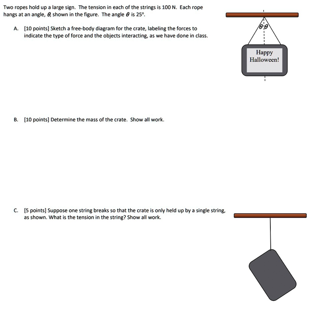 Two ropes hold up a large sign. The tension in each of the strings is ...
