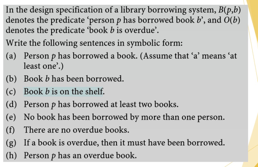 SOLVED: In the design specification of a library borrowing system, B(p ...