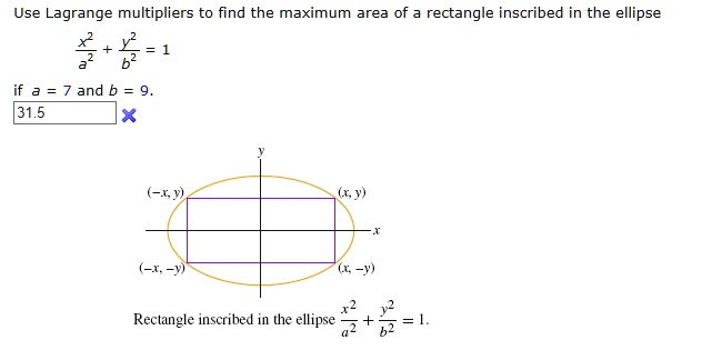 SOLVED: Use Lagrange multipliers to find the maximum area of rectangle inscribed in the ellipse ...