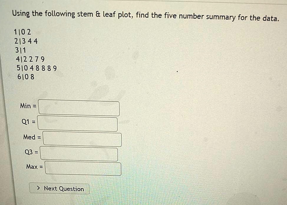 SOLVED: Using" the following stem leaf plot; find the five number summary for the data. 1/0 2 ...