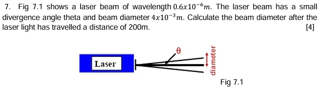 7 fig 71 shows a laser beam of wavelength 06x10 6m the laser beam has a ...