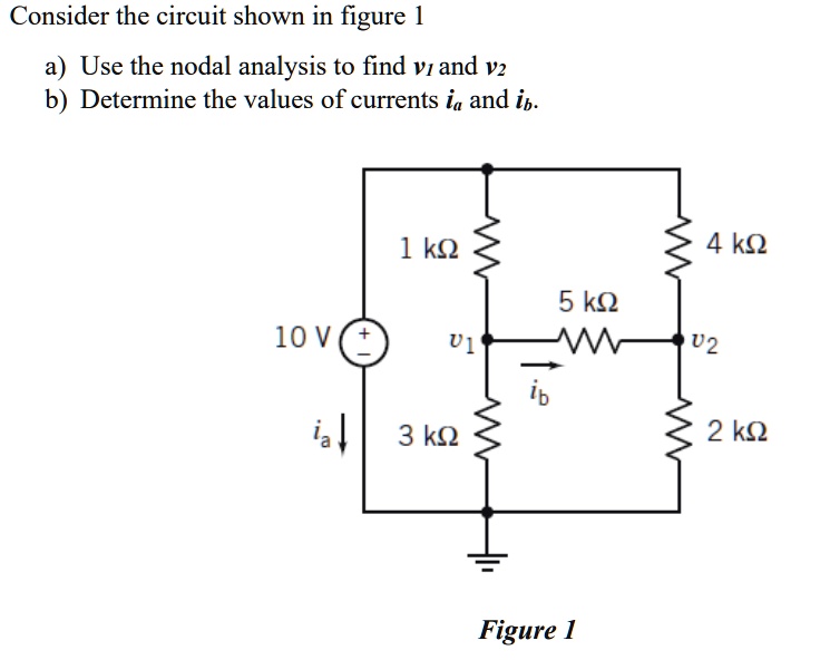SOLVED: Consider the circuit shown in Figure 1. a) Use the nodal analysis to find v1 and v2. b ...