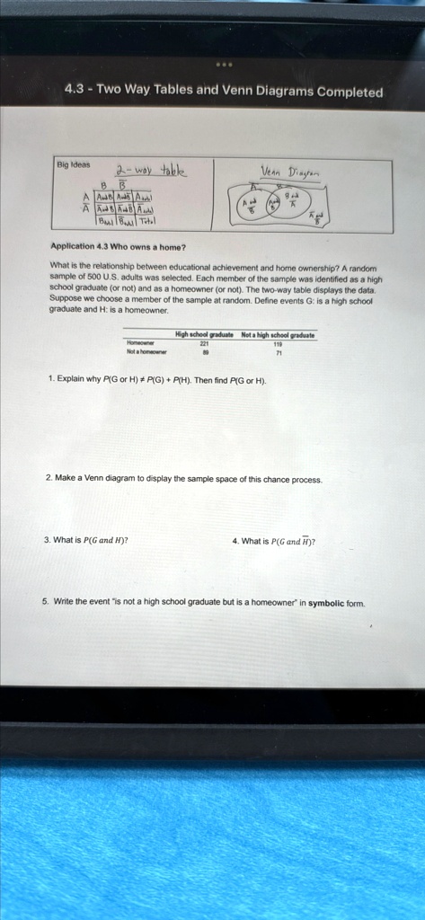 SOLVED: 4.3 - Two Way. Tables and Venn Diagrams Completed Application 4 ...