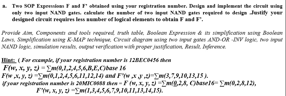 a. Two SOP Expressions F and F' obtained using your registration number ...