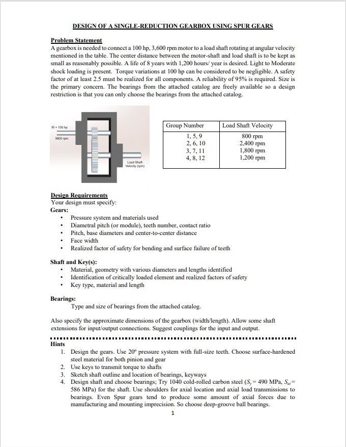 DESIGN OF A SINGLE-REDUCTION GEARBOX USING SPUR GEARS Problem Statement A gearbox is needed to ...