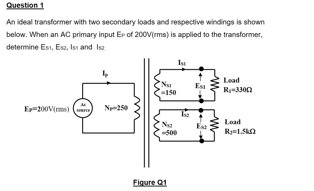 SOLVED: An ideal transformer with two secondary loads and respective windings is shown below ...