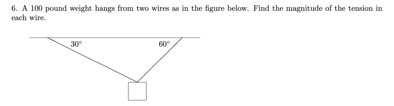 SOLVED: 6. A 100 pound weight hangs from two wires as in the figure ...