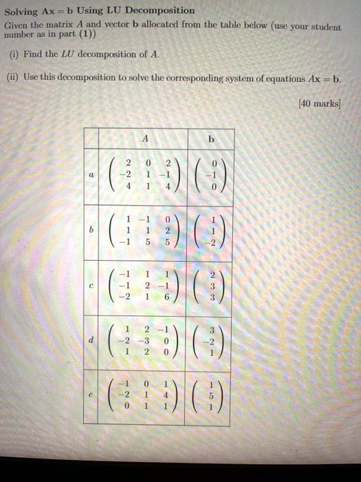SOLVED:Solving Ax = b Using LU Decomposition Given the matcix and ...