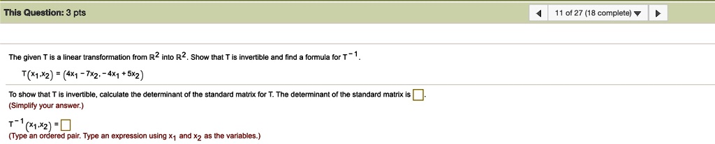 SOLVED: This Question: 11 of 27 (18 complete) The given T is a linear transformation from R2 ...
