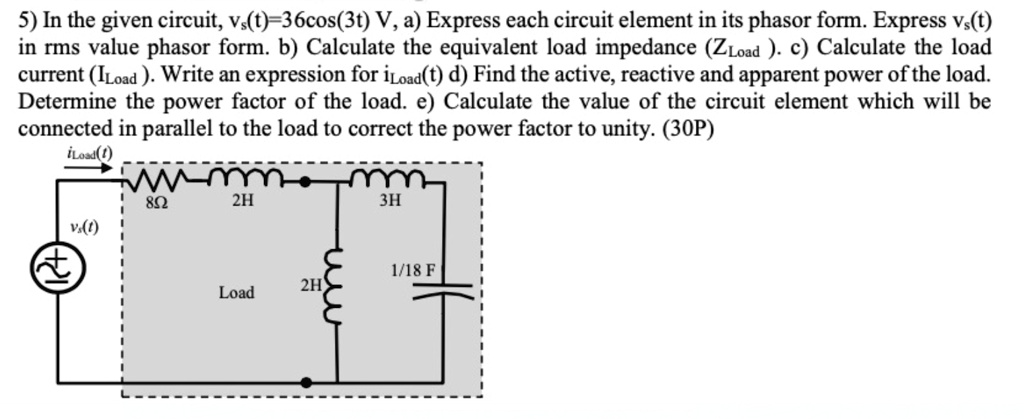 SOLVED: 5) In the given circuit, vs(t)=36cos(3t) V, a) Express each circuit element in its ...