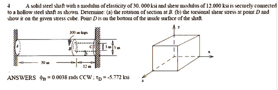a solid steel shaft with a modulus of elasticity of 30000 ksi and shear ...