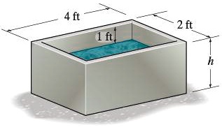 A concrete rectangular water tank is 4 ft long, 2 ft wide, and h ft ...