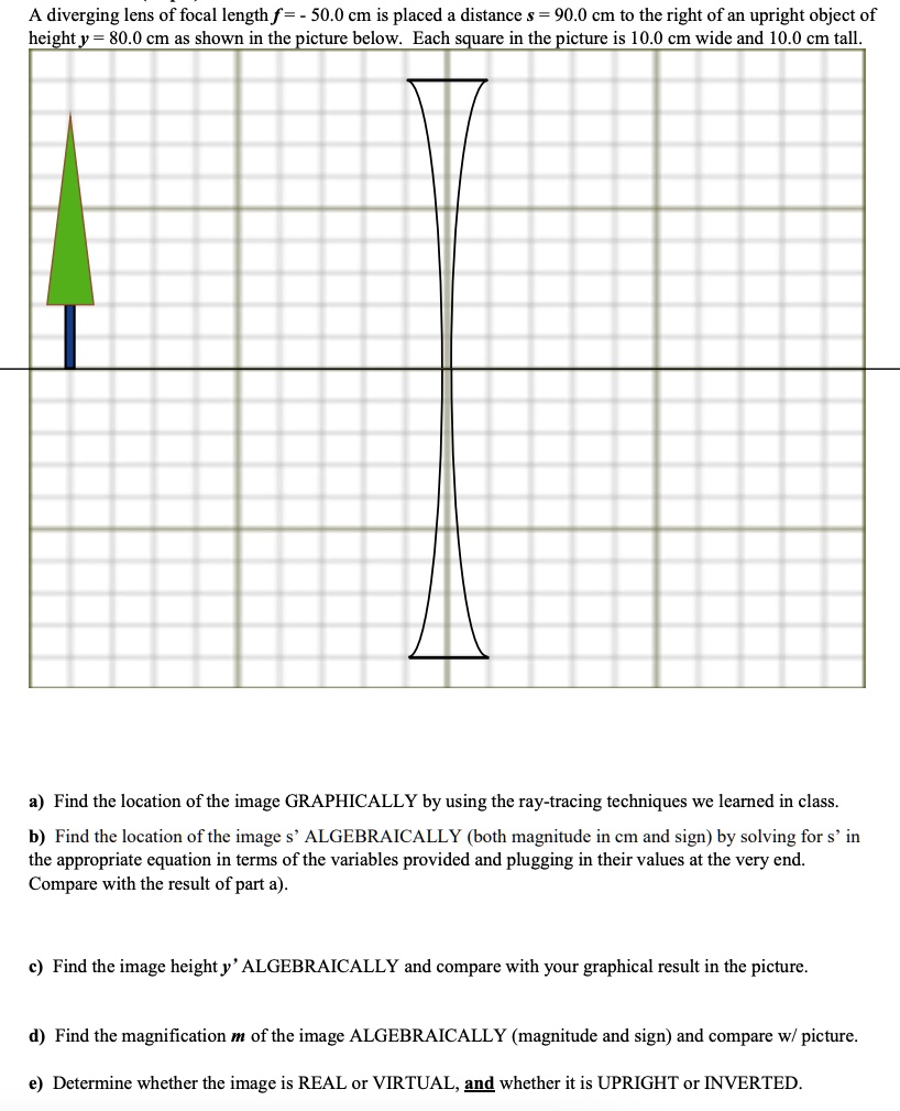 SOLVED: A diverging lens of focal length f= -50.0 cm is placed a ...