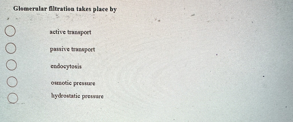 [GET ANSWER] Glomerular filtration takes place by active transport passive transport endocytosis ...