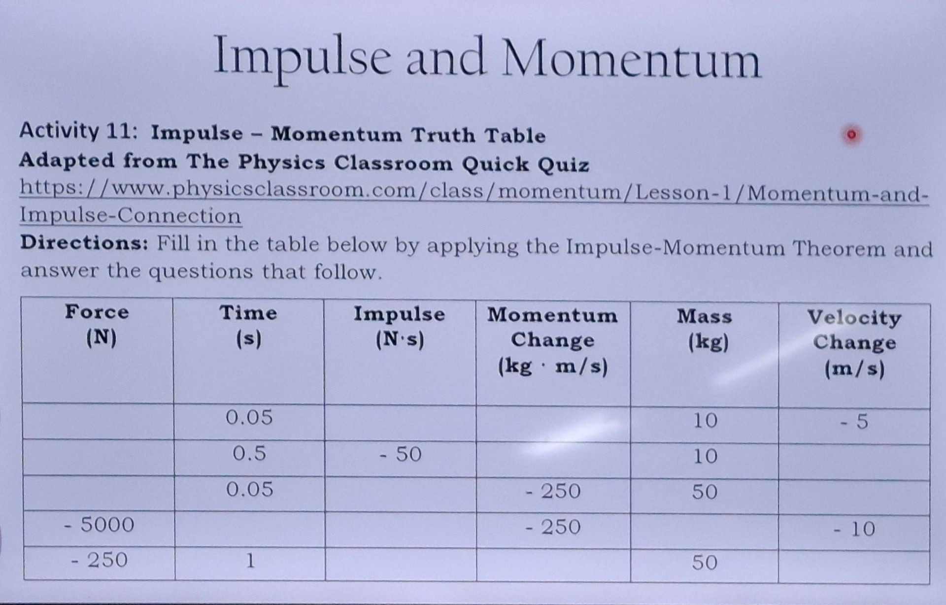 Impulse and Momentum Activity 11: Impulse - Momentum Truth Table ...