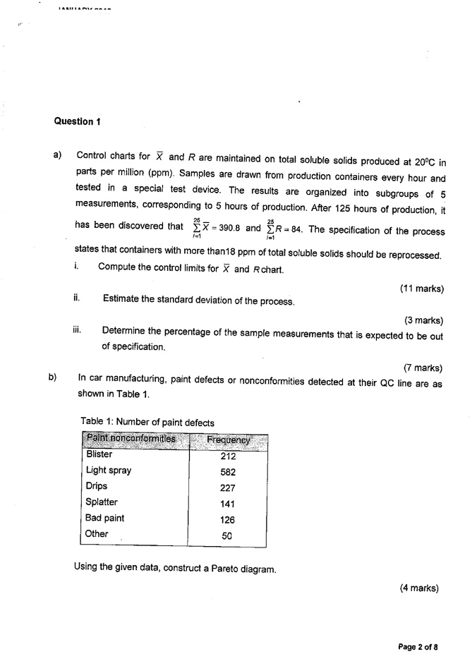 SOLVED: Question 1 a) Control charts for and R are maintained on total soluble solids produced ...