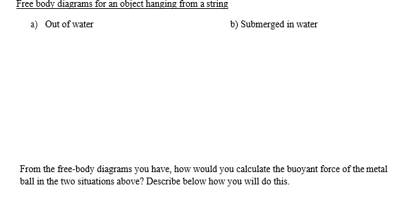 Free body diagrams for an object hanging from a string a) Out of water b) Submerged in water ...