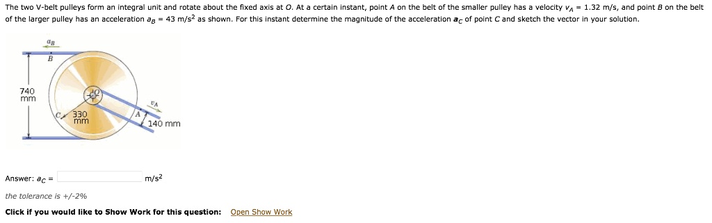 The two V-belt pulleys form an integral unit and rotate about the fixed axis at O. At a certain ...