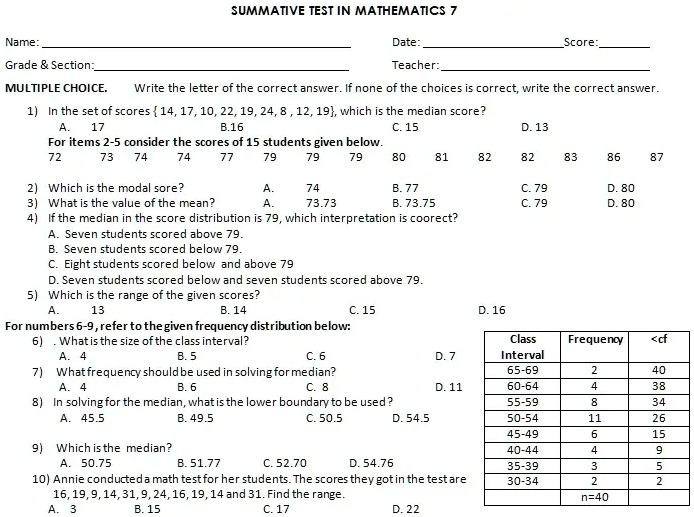 summative test in mathematics name date scorej grade sections teacher ...