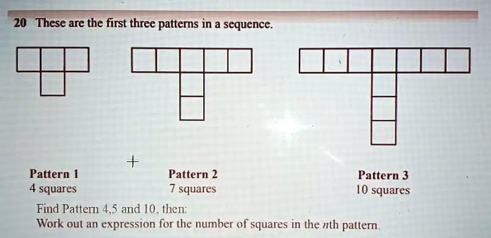 20 These are the first three patterns in a sequence. + Pattern 1 4 squares Pattern 2 7 squares ...