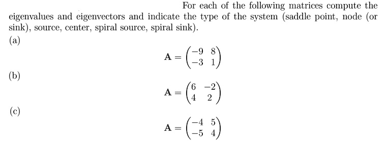 For each of the following matrices compute the eigenvalues and eigenvectors and indicate the ...