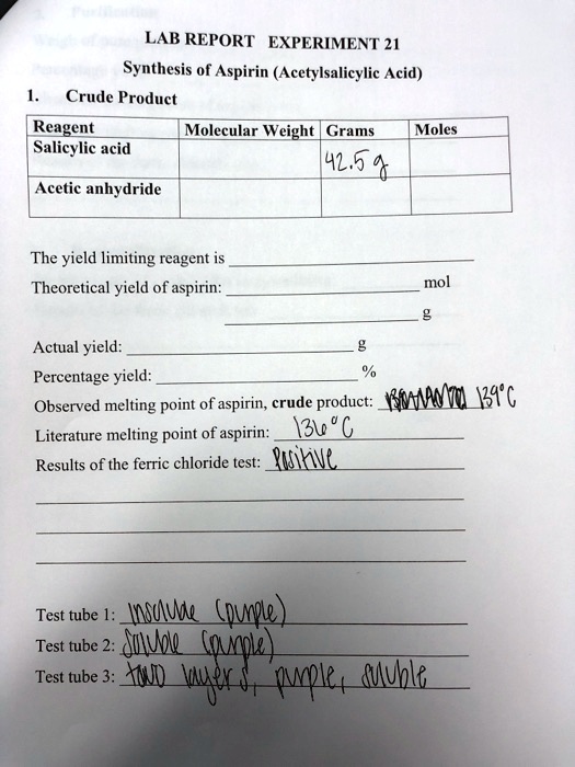 SOLVED: LAB REPORT EXPERIMENT 21: Synthesis of Aspirin (Acetylsalicylic Acid) Crude Product ...