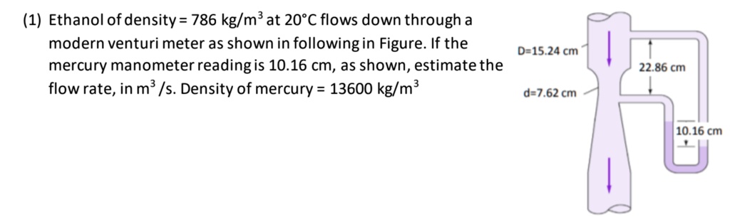 SOLVED: (1) Ethanol of density = 786 kg/m3 at 20'C flows down through a modern venturi meter as ...