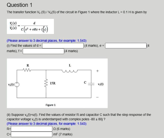 Question: The transfer function Vc(S) / Vs(S) of the circuit in Figure, where the inductor L = 0 ...