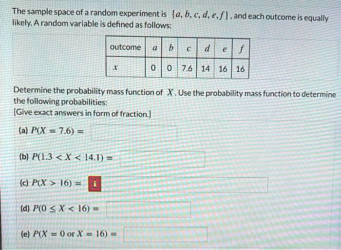 SOLVED: The sample space of a random experiment is a, b, â‚¬, d, e, f, and each outcome is ...