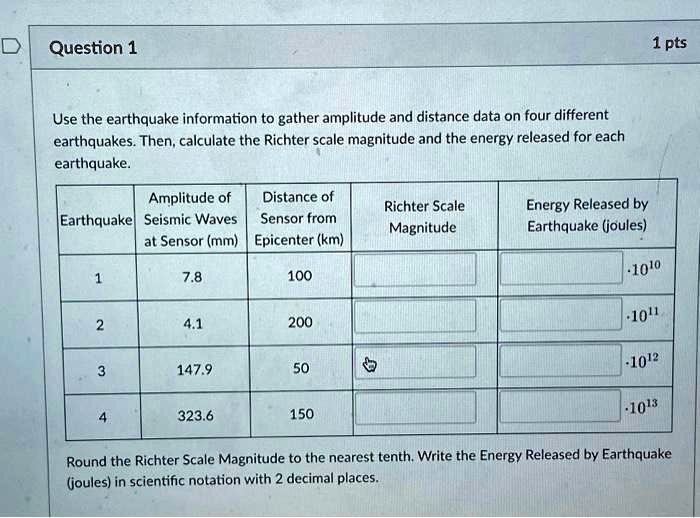 SOLVED: Question 1 Use the earthquake information to gather amplitude ...