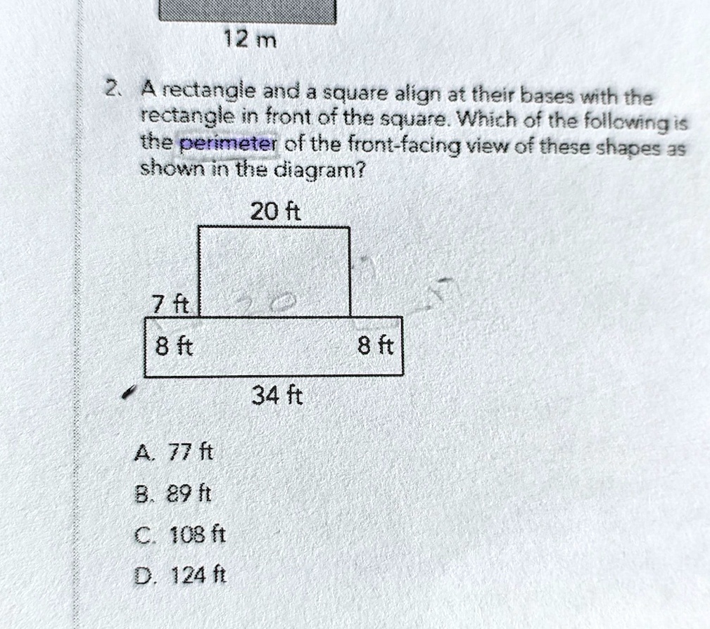 12 m 2. A rectangle and a square align at their bases with the ...