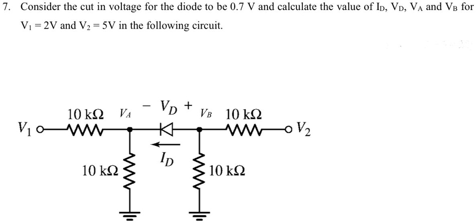 SOLVED: Consider the cut in voltage for the diode to be 0.7 V and calculate the value of ID, VD ...